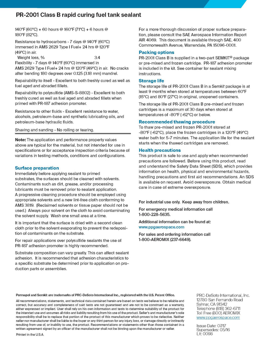 PR-2001 B-2, FUEL TANK SEALANT, AMS-3277 TYP.2 GRADE 1, 655SK SEM KIT ...